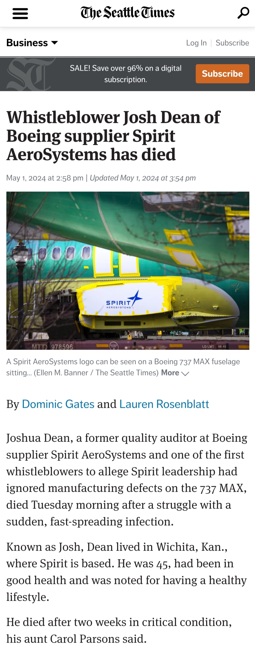 又一名波音吹哨人去世：波音供应商 Spirit AeroSystems 的举报人 Josh Dean 去世 -6parkbbs.com